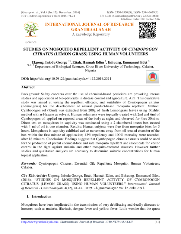 (PDF) Studies on Mosquito Repellent Activity of Cymbopogon Citratus (Lemon Grass) Using Human ...