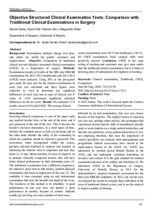 (PDF) Objective Structured Clinical Examination Tests: Comparison with ...