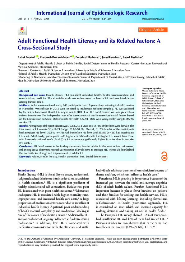 (PDF) Adult Functional Health Literacy and its Related Factors: A Cross ...