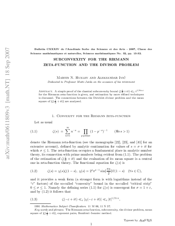 (PDF) Subconvexity for the Riemann zeta-function and the divisor problem