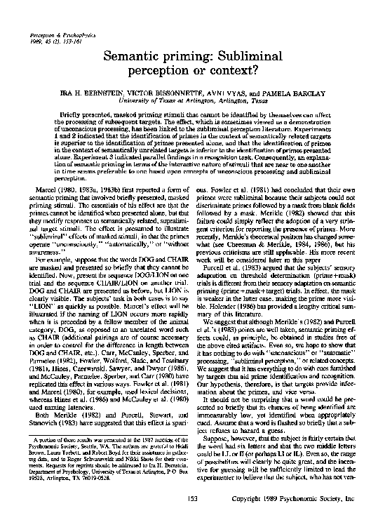 (PDF) Semantic priming: Subliminal perception or context?