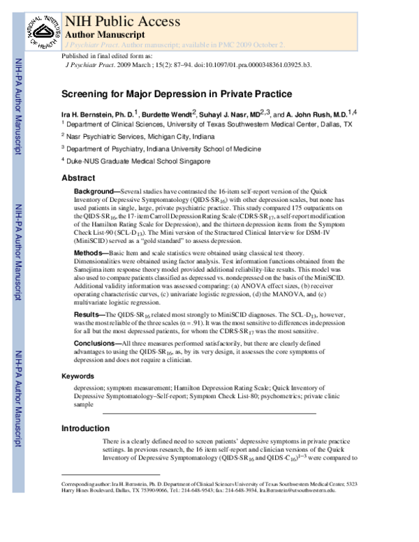 (PDF) Screening for Major Depression in Private Practice