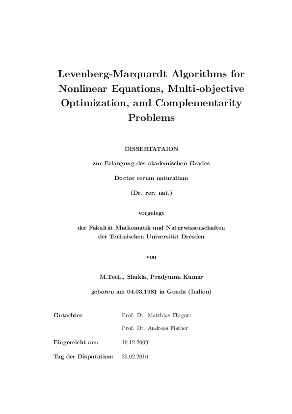Pdf Levenberg Marquardt Algorithms For Nonlinear Equations Multi Objective Optimization And 