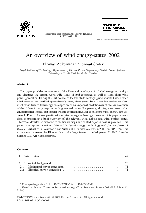 (PDF) An overview of wind energy-status 2002