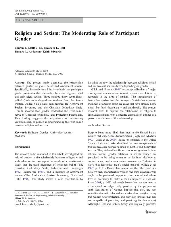 (PDF) Religion and Sexism: The Moderating Role of Participant Gender