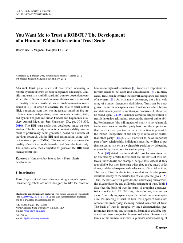 (PDF) You Want Me to Trust a ROBOT? The Development of a Human–Robot ...