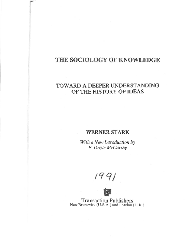 (PDF) Introduction to Werner Stark's The Sociology of Knowledge