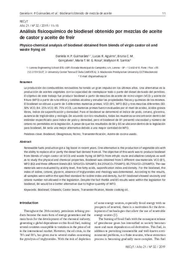 (PDF) Análisis físicoquímico de biodiesel obtenido por mezclas de ...
