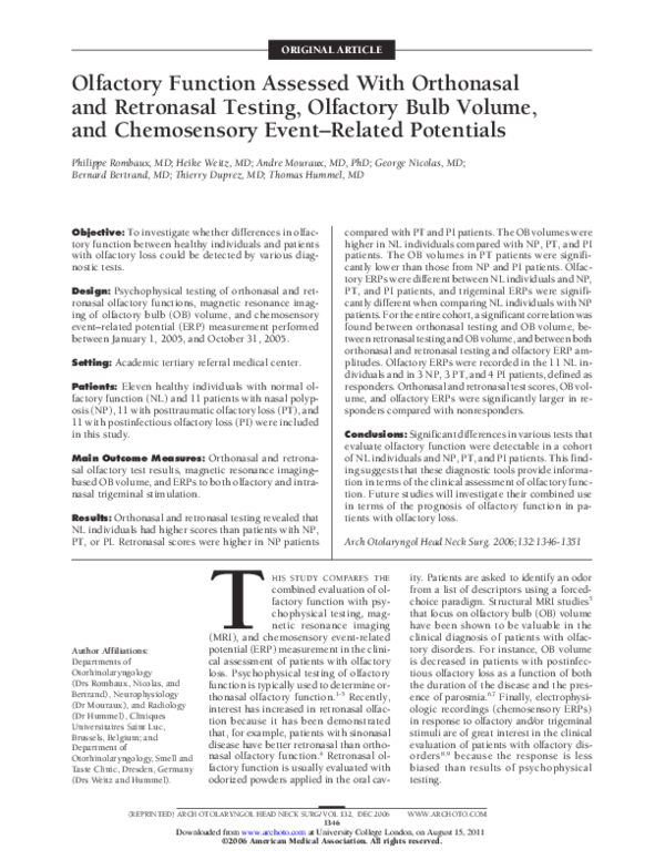 (PDF) Olfactory function assessed with orthonasal and retronasal ...