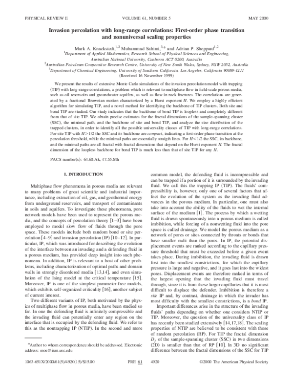 (PDF) Invasion percolation with long-range correlations: First-order phase transition and ...