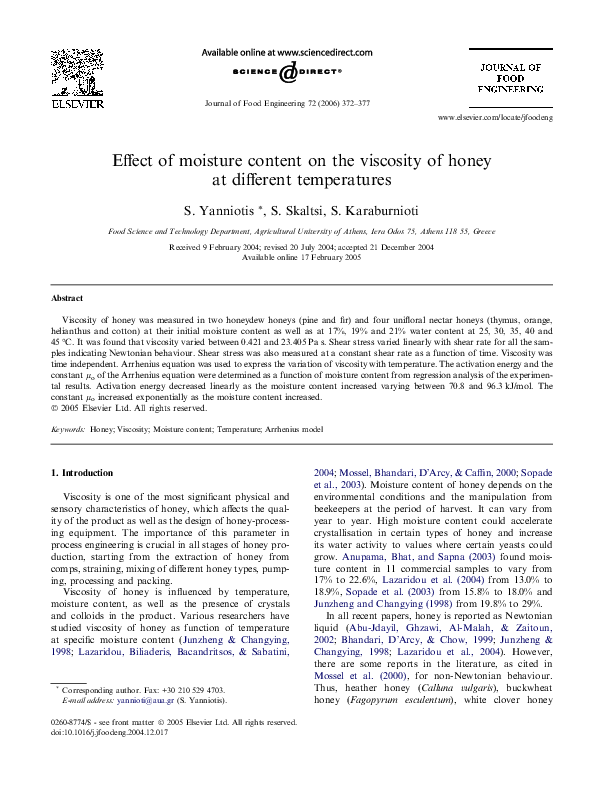 (PDF) Effect of moisture content on the viscosity of honey at different ...