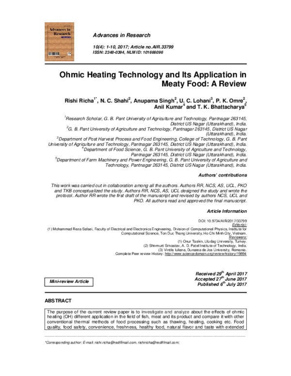 (PDF) Ohmic Heating Technology and Its Application in Meaty Food: A Review