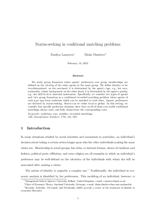 (PDF) Status-seeking in coalitional matching problems