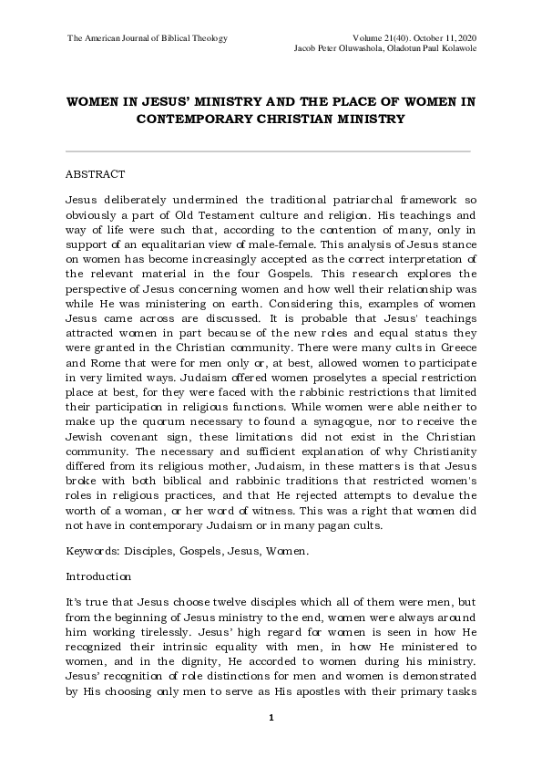 (PDF) Women in Jesus‘ Ministry and the Place of Women in Contemporary ...