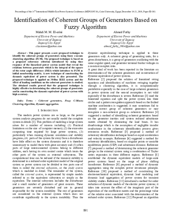 (PDF) Identification of Coherent Groups of Generators Based on Fuzzy Algorithm | Ahmed Fathy ...