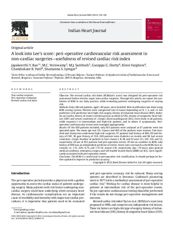 (PDF) A look into Lee's score: peri-operative cardiovascular risk ...