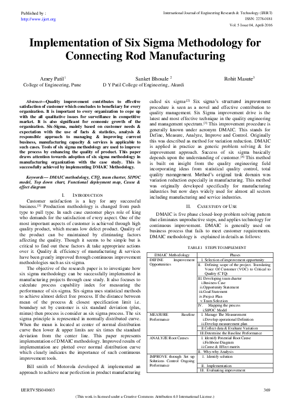 (PDF) Implementation of Six Sigma Methodology for Connecting Rod ...