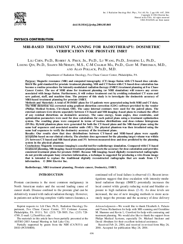 (PDF) MRI-based treatment planning for radiotherapy: Dosimetric ...