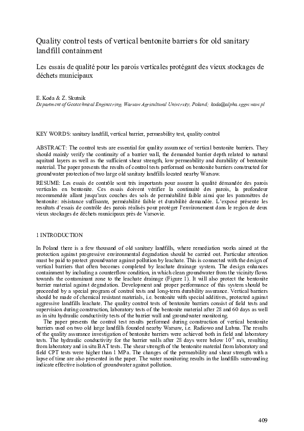 (PDF) Quality control tests of vertical bentonite barriers for old ...