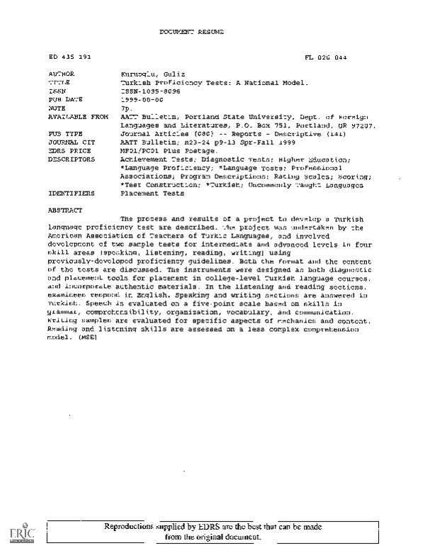 (PDF) Turkish Proficiency Tests: A National Model