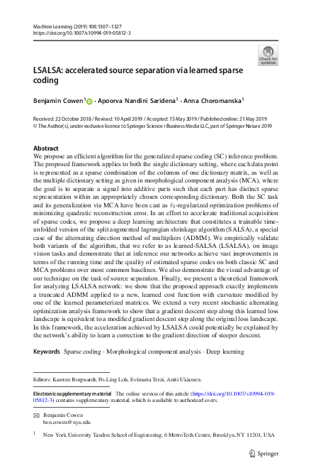 (PDF) LSALSA: accelerated source separation via learned sparse coding | Apoorva Nandini Saridena ...