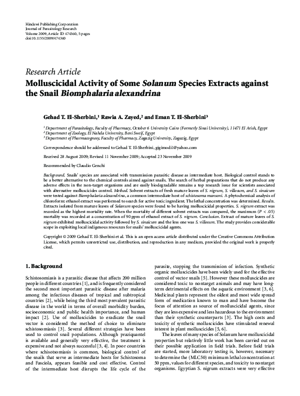 (PDF) Molluscicidal activity of some Solanum species extracts against ...