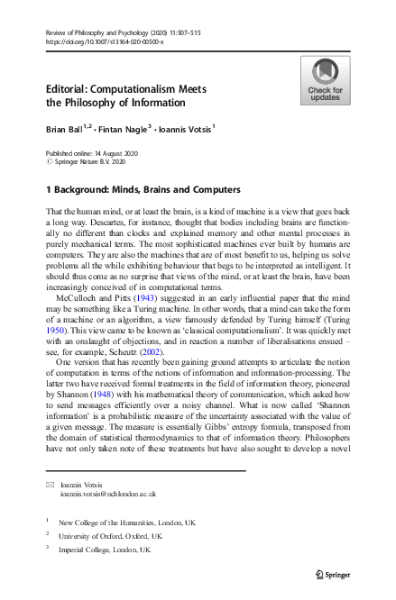 (PDF) Editorial: Computationalism Meets the Philosophy of Information