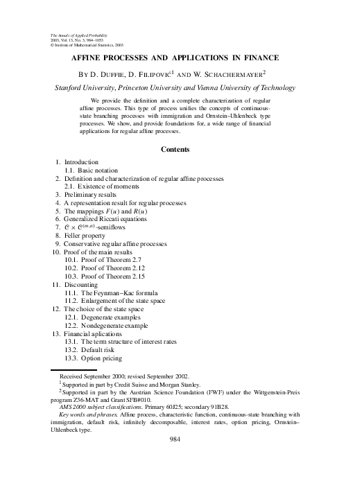(PDF) Affine processes and apaplications in finance