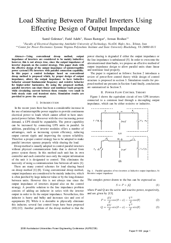 Pdf Load Sharing Between Parallel Inverters Using Effective Design Of Output Impedance