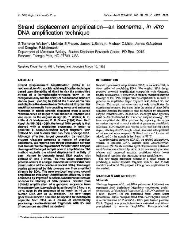 (PDF) Strand displacement amplification--an isothermal, in vitro DNA amplification technique