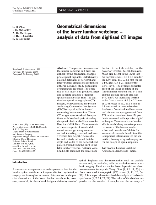 Pdf Geometrical Dimensions Of The Lower Lumbar Vertebrae Analysis Of Data From Digitised Ct