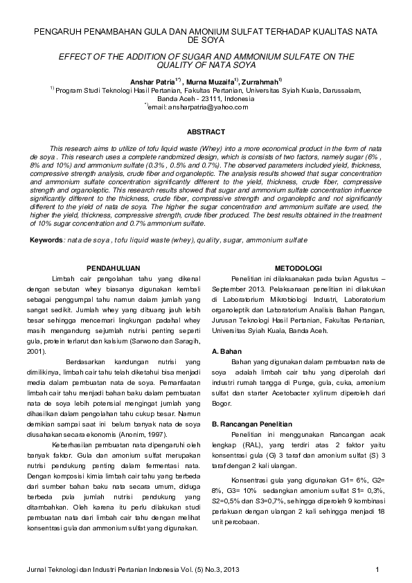 (PDF) Pengaruh Penambahan Gula dan Amonium Sulfat terhadap Kualitas Nata de Soya