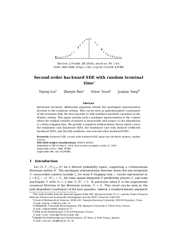 Pdf Second Order Backward Sde With Random Terminal Time Junjian Yang