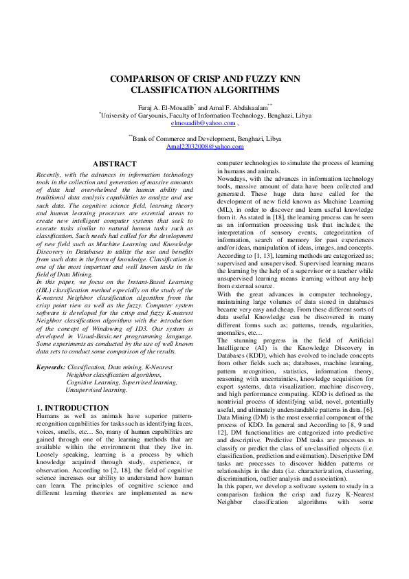 (PDF) Comparison of crisp and fuzzy KNN classification algorithms