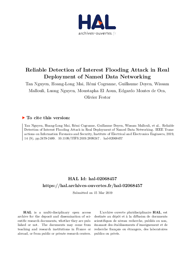 (PDF) Reliable Detection of Interest Flooding Attack in Real Deployment of Named Data Networking