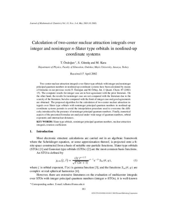 Pdf Calculation Of Two Center Nuclear Attraction Integrals Over