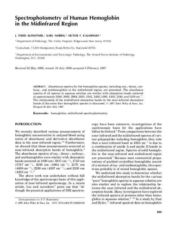 (PDF) Spectrophotometry of human hemoglobin in the midinfrared region
