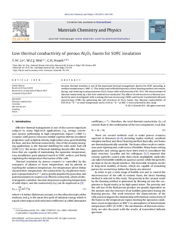 (PDF) Low thermal conductivity of porous Al2O3 foams for SOFC insulation