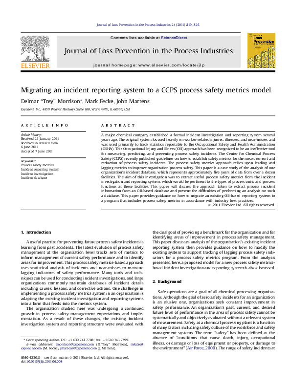 (PDF) Migrating an incident reporting system to a CCPS process safety ...
