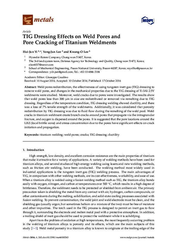 (PDF) TIG Dressing Effects on Weld Pores and Pore Cracking of Titanium ...