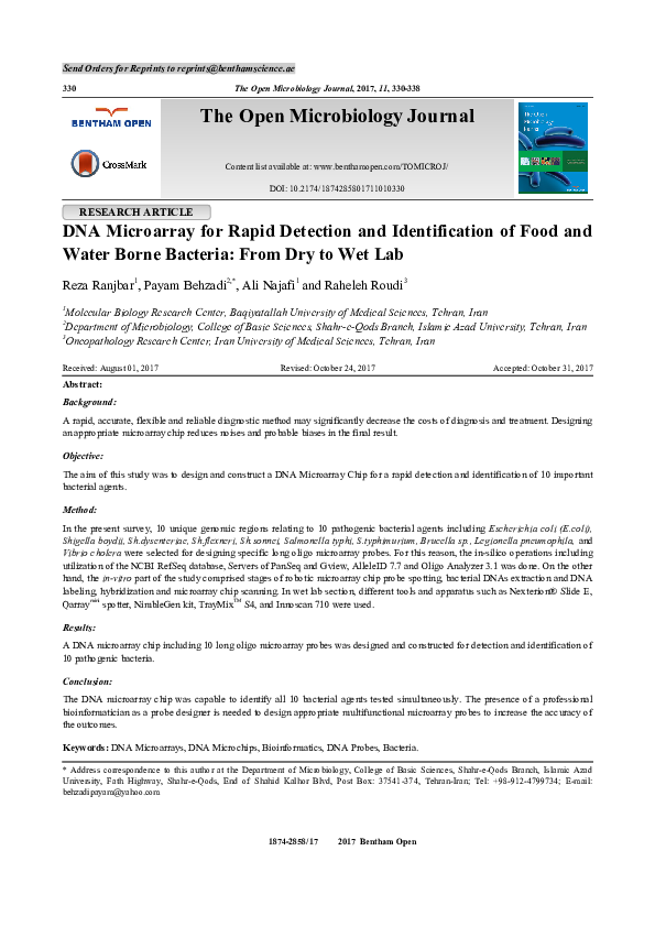 Pdf Dna Microarray For Rapid Detection And Identification Of Food And Water Borne Bacteria