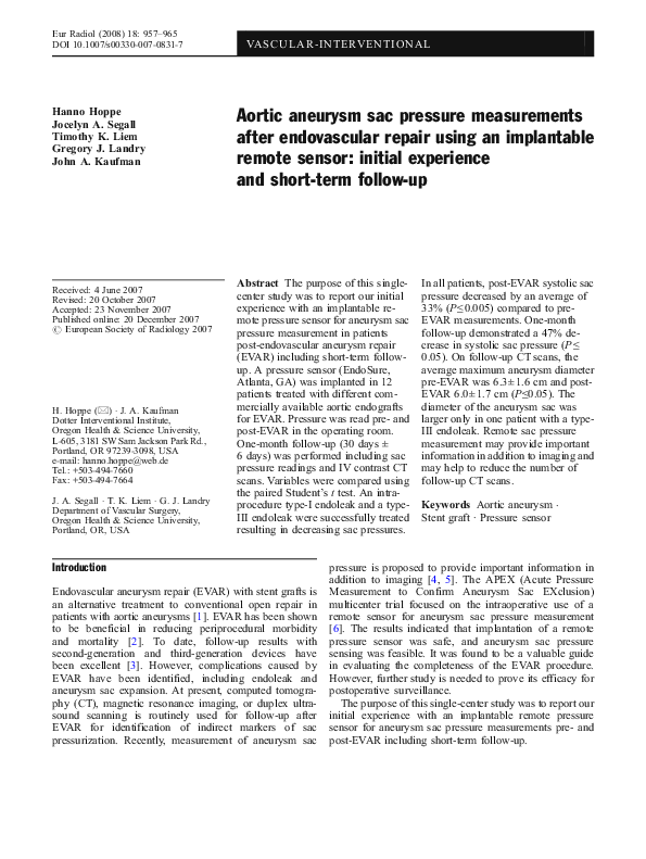 (PDF) Aortic aneurysm sac pressure measurements after endovascular ...