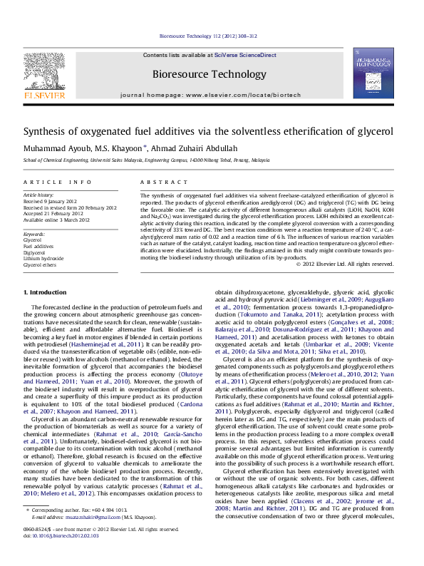 (PDF) Synthesis of oxygenated fuel additives via the solventless ...