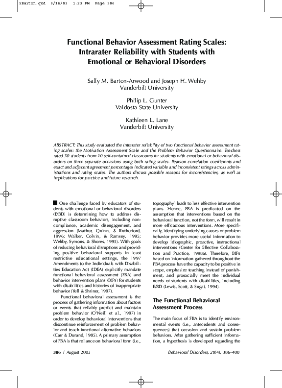 (PDF) Functional Behavior Assessment Rating Scales: Intrarater ...