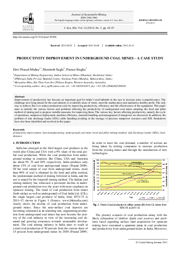 (PDF) Productivity Improvement in Underground Coal Mines – a Case Study