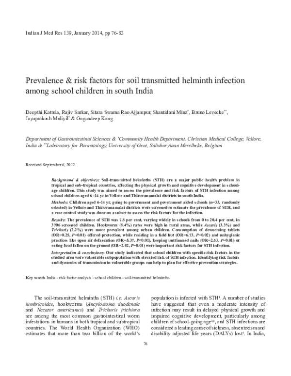 (PDF) Prevalence & risk factors for soil transmitted helminth infection among school children in ...