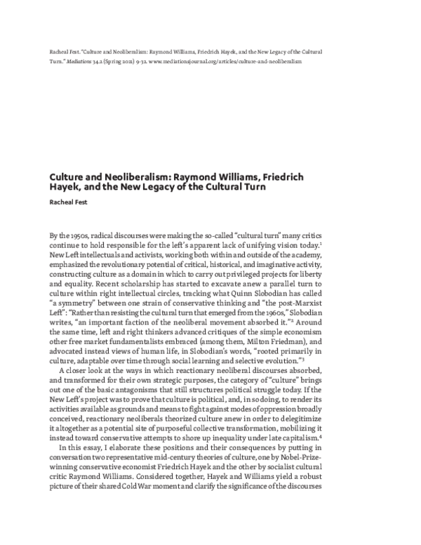 (PDF) Culture and Neoliberalism: Raymond Williams, Friedrich Hayek, and ...