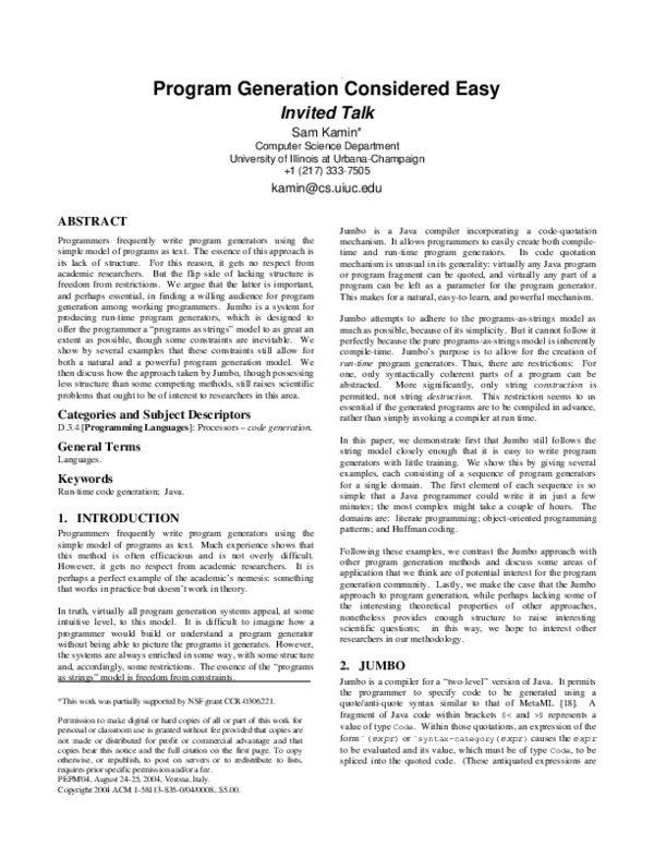 (PDF) Program Generation Considered Easy