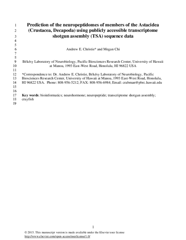 (PDF) Prediction of the neuropeptidomes of members of the Astacidea ...