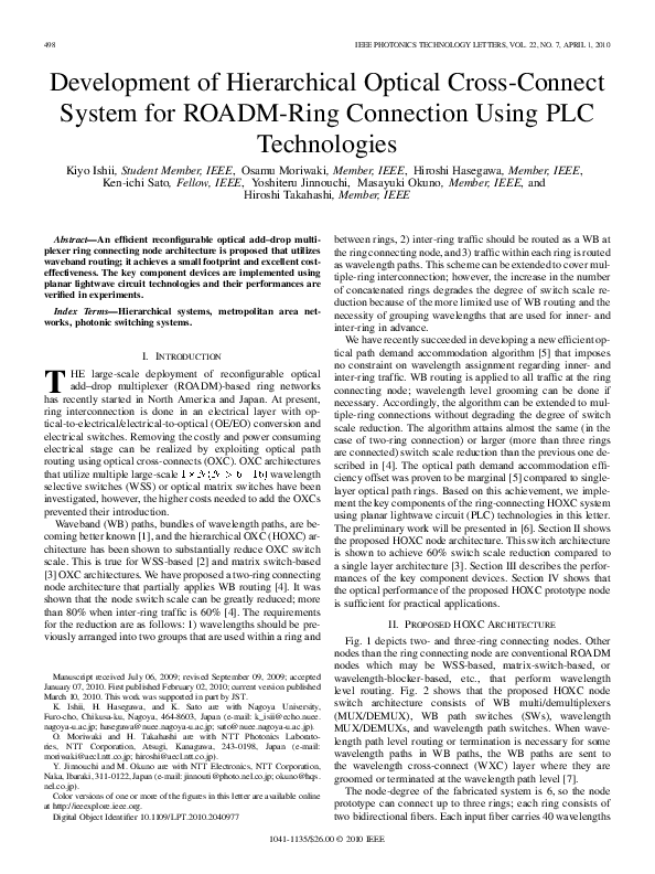 (PDF) Development of Hierarchical Optical Cross-Connect System for ROADM-Ring Connection Using ...